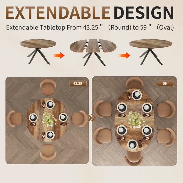 George Oliver 59-Inch Extendable Round Dining Table For Dining Room, 4-6 People Large Expendable ...